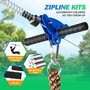 JOYLDIAS 100FT Zipline Kits for Backyard with Climbing Swing Rope and Seat, Zip Lines for Kids and Adults with Spring Brake, Safety Belt Zip Line for Kids Outdoor Playground Games