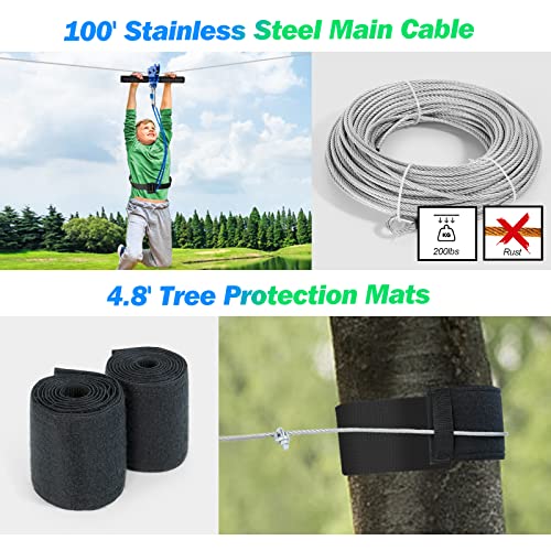 JOYLDIAS 100FT Zipline Kits for Backyard with Climbing Swing Rope and Seat, Zip Lines for Kids and Adults with Spring Brake, Safety Belt Zip Line for Kids Outdoor Playground Games