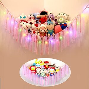 stuffed animal net or hammock with led light, toy hammock hanging stuffed animal storage organizer holder for nursery playroom bedroom kids room toy storage (pink)