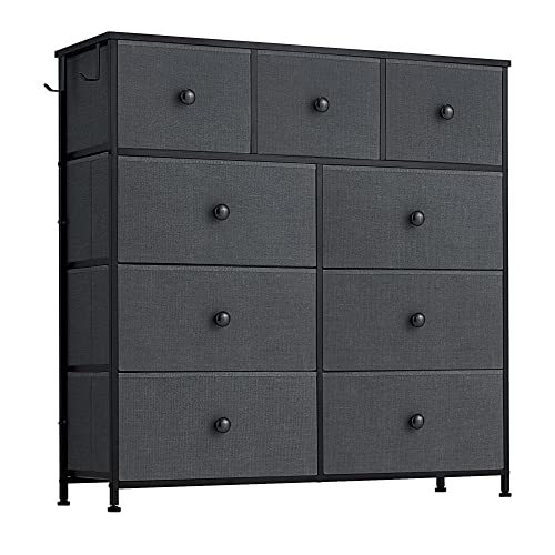 Sapodilla 9 Drawers Dresser for Bedroom,Chest of Drawers with Metal Frame Side Hook Wood Top,Large Capacity Closet Dresser in Living Room Hallway Nursery Storage Room (Deep Grey, 9 Drawers)