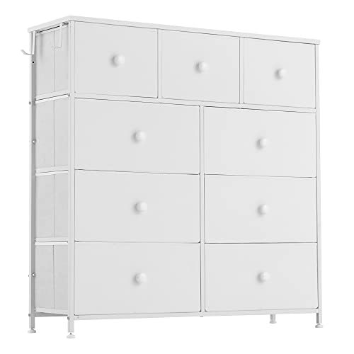 Sapodilla 9 Drawers Dresser for Bedroom,Chest of Drawers with Metal Frame Side Hook Wood Top,Large Capacity Closet Dresser in Living Room Hallway Nursery Storage Room (White, 9 Drawers)