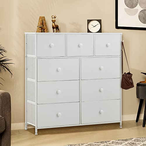 Sapodilla 9 Drawers Dresser for Bedroom,Chest of Drawers with Metal Frame Side Hook Wood Top,Large Capacity Closet Dresser in Living Room Hallway Nursery Storage Room (White, 9 Drawers)