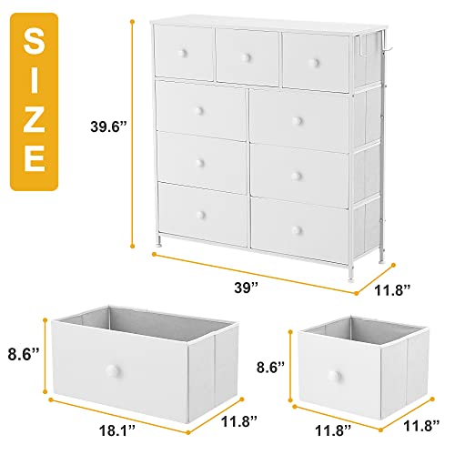 Sapodilla 9 Drawers Dresser for Bedroom,Chest of Drawers with Metal Frame Side Hook Wood Top,Large Capacity Closet Dresser in Living Room Hallway Nursery Storage Room (White, 9 Drawers)