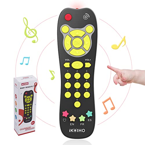 Baby Remote Control Toy, Realistic Toddler TV Remote Toy with Light Sound Adjustable Volume Kid Learning Education Musical Toys with English French Spanish Infant Gift for Boys Girls 6M+ (Black)