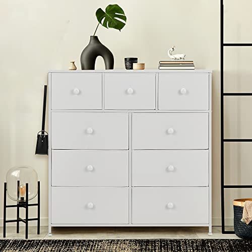 Sapodilla 9 Drawers Dresser for Bedroom,Chest of Drawers with Metal Frame Side Hook Wood Top,Large Capacity Closet Dresser in Living Room Hallway Nursery Storage Room (White, 9 Drawers)