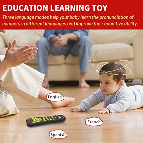 Baby Remote Control Toy, Realistic Toddler TV Remote Toy with Light Sound Adjustable Volume Kid Learning Education Musical Toys with English French Spanish Infant Gift for Boys Girls 6M+ (Black)