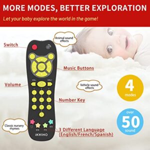 Baby Remote Control Toy, Realistic Toddler TV Remote Toy with Light Sound Adjustable Volume Kid Learning Education Musical Toys with English French Spanish Infant Gift for Boys Girls 6M+ (Black)