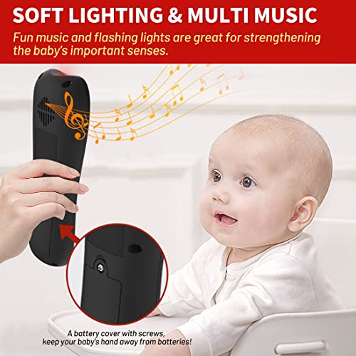 Baby Remote Control Toy, Realistic Toddler TV Remote Toy with Light Sound Adjustable Volume Kid Learning Education Musical Toys with English French Spanish Infant Gift for Boys Girls 6M+ (Black)