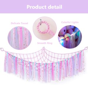 Cicening Stuffed Animal Net or Hammock with Tassels LED Storage Net for Stuffed Animals Holder and Plush Toy Hammock Handmade Soft Corner Hanging Netting Toy Holder for Kids Room Playroom(Pink)