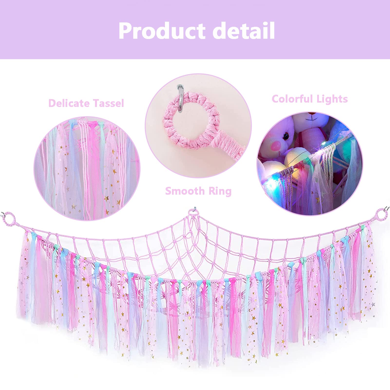 Cicening Stuffed Animal Net or Hammock with Tassels LED Storage Net for Stuffed Animals Holder and Plush Toy Hammock Handmade Soft Corner Hanging Netting Toy Holder for Kids Room Playroom(Pink)