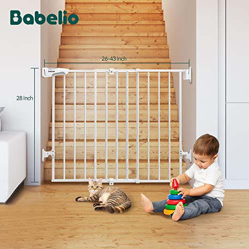 Babelio 26-43" Auto Close Baby/Dog Gate for Stairs, 2-in-1 Easy Swing Doorway and Hallway Pet Gate, with Extra-Wide Walk Thru Door and Threshold-Free Design, White