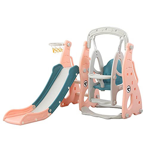 Toddler Slide and Swing Set 4 in 1 Toddler Playground with Swing Slide Climber and Basketball Baby Slide for Boys and Girls Backyard Playsets for Kids Indoor and Outdoor(Pink)