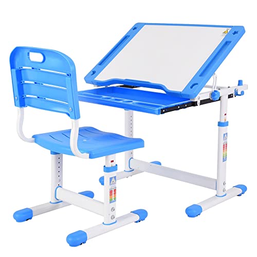 Height Adjustable Kids Desk and Chair Set - Homework Table and Chair Set with T-ilted Table & Pull Out Storage Drawer - Student Study Desk for Boys and Girls Writing Drawing Painting (Blue, A)