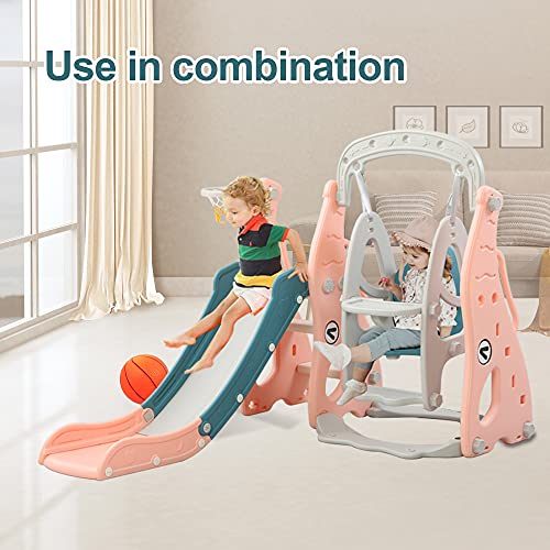 Toddler Slide and Swing Set 4 in 1 Toddler Playground with Swing Slide Climber and Basketball Baby Slide for Boys and Girls Backyard Playsets for Kids Indoor and Outdoor(Pink)