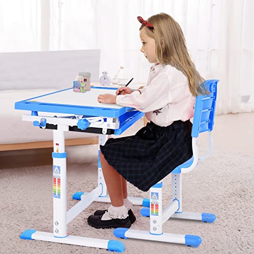 Height Adjustable Kids Desk and Chair Set - Homework Table and Chair Set with T-ilted Table & Pull Out Storage Drawer - Student Study Desk for Boys and Girls Writing Drawing Painting (Blue, A)