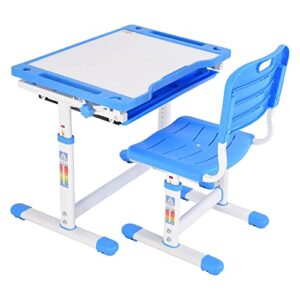 Height Adjustable Kids Desk and Chair Set - Homework Table and Chair Set with T-ilted Table & Pull Out Storage Drawer - Student Study Desk for Boys and Girls Writing Drawing Painting (Blue, A)