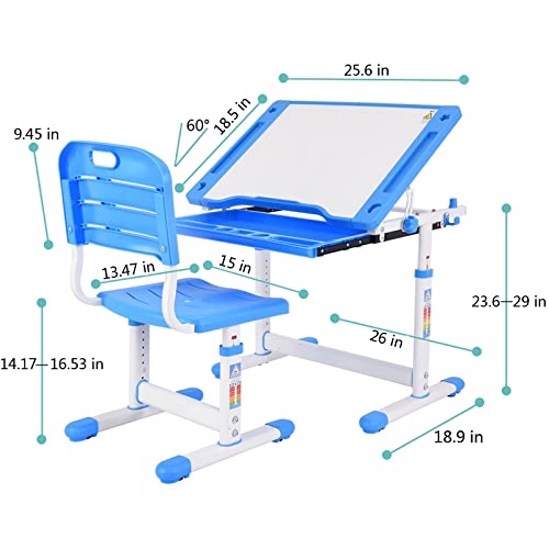 Height Adjustable Kids Desk and Chair Set - Homework Table and Chair Set with T-ilted Table & Pull Out Storage Drawer - Student Study Desk for Boys and Girls Writing Drawing Painting (Blue, A)