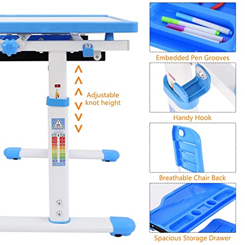 Height Adjustable Kids Desk and Chair Set - Homework Table and Chair Set with T-ilted Table & Pull Out Storage Drawer - Student Study Desk for Boys and Girls Writing Drawing Painting (Blue, A)