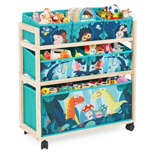 toy storage organizer with wheels, utility storage cabinet, rolling cart with large storage bins for hold ing toys, books, blankets, blocks