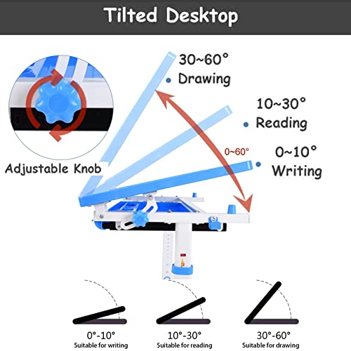 Height Adjustable Kids Desk and Chair Set - Homework Table and Chair Set with T-ilted Table & Pull Out Storage Drawer - Student Study Desk for Boys and Girls Writing Drawing Painting (Blue, A)