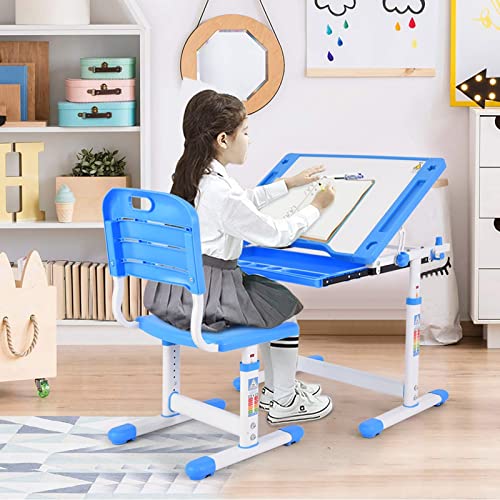 Height Adjustable Kids Desk and Chair Set - Homework Table and Chair Set with T-ilted Table & Pull Out Storage Drawer - Student Study Desk for Boys and Girls Writing Drawing Painting (Blue, A)