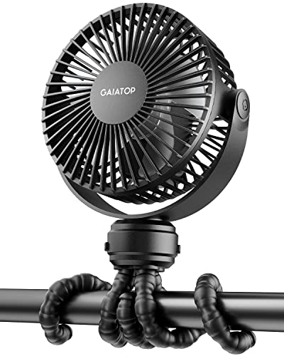 Gaiatop Mini Portable Stroller Fan, Battery Operated Small Clip on Fan, Detachable 3 Speed Rechargeable 360° Rotate Flexible Tripod Handheld Desk Cooling Fan for Car Seat Crib Treadmill Travel Black