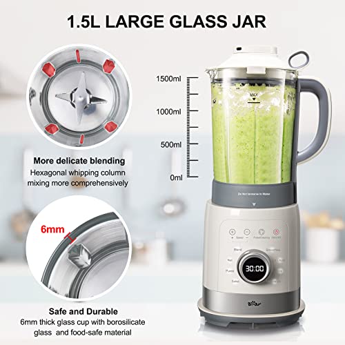 Bear Blender, 1500 Peak Watts Professional Countertop Blender for Kitchen, Blender for Shakes and Smoothies with 51 Oz Glass Jar,Auto-Programs Functions with LED display for Ice Crush, Smoothies, Milkshakes and Autonomous Clean