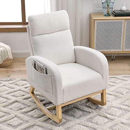 Krinana Nursery Rocking Chair with Solid Wood Legs, Glider Chair for Nursery with Two Side Pockets, Rocker Armchair for Living Room Bedroom (White, Teddy Fabric)