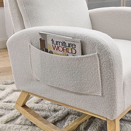 Krinana Nursery Rocking Chair with Solid Wood Legs, Glider Chair for Nursery with Two Side Pockets, Rocker Armchair for Living Room Bedroom (White, Teddy Fabric)