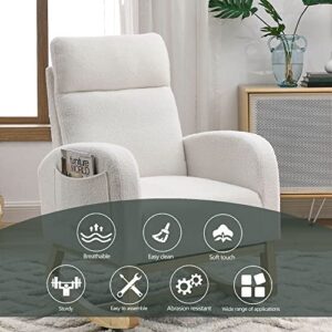 Krinana Nursery Rocking Chair with Solid Wood Legs, Glider Chair for Nursery with Two Side Pockets, Rocker Armchair for Living Room Bedroom (White, Teddy Fabric)