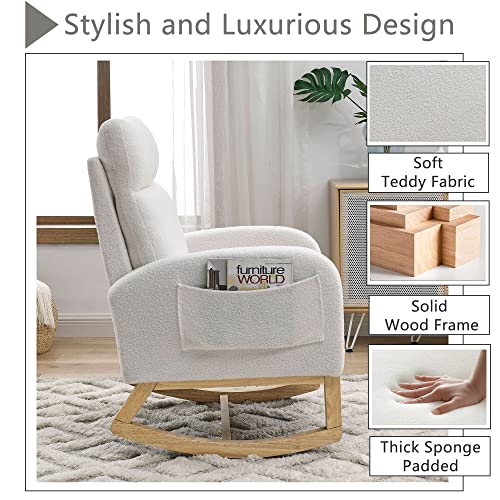 Krinana Nursery Rocking Chair with Solid Wood Legs, Glider Chair for Nursery with Two Side Pockets, Rocker Armchair for Living Room Bedroom (White, Teddy Fabric)