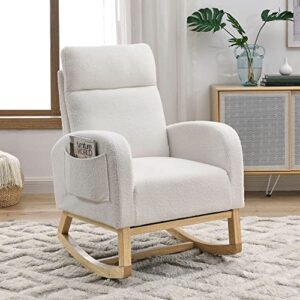 Krinana Nursery Rocking Chair with Solid Wood Legs, Glider Chair for Nursery with Two Side Pockets, Rocker Armchair for Living Room Bedroom (White, Teddy Fabric)