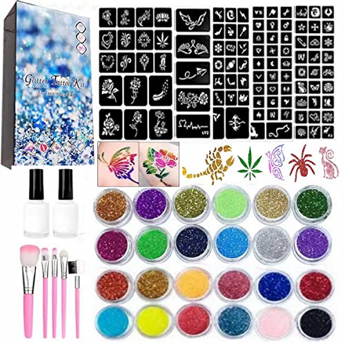 Temporary Glitter Tattoo Kit for Kids, 24 Glitter Colors,187 Unique Stencils, 2 Glue, 5 Brushes, Adults & Kids Arts Glitter Make Up Kit, Gifts for Girls Boys Birthday Party Festival Children's Day