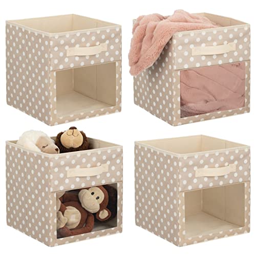 mDesign Fabric Nursery/Playroom Closet Storage Organizer Bin Box, Front Handle/Window for Cube Furniture Shelving Unit, Hold Toys, Clothes, Diapers, Bibs, 4 Pack, Cream/White Polka Dot