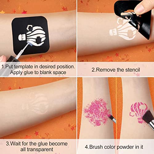 Temporary Glitter Tattoo Kit for Kids, 24 Glitter Colors,187 Unique Stencils, 2 Glue, 5 Brushes, Adults & Kids Arts Glitter Make Up Kit, Gifts for Girls Boys Birthday Party Festival Children's Day