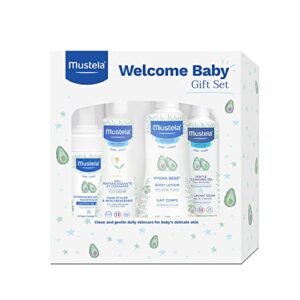 mustela welcome baby gift set - clean & gentle skincare & bath time essentials for baby's delicate skin - natural & plant based - 4 items set