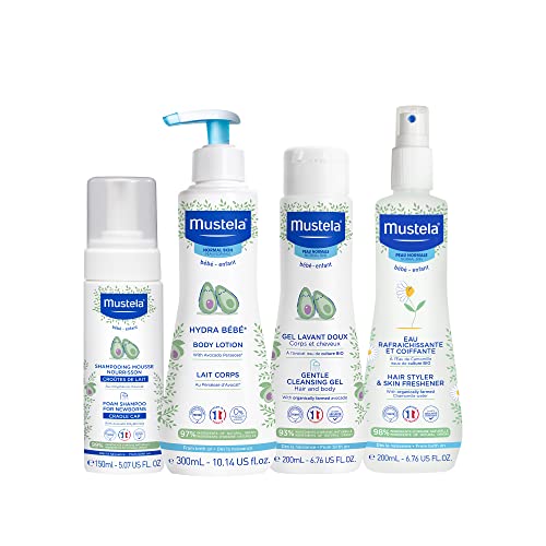 Mustela Welcome Baby Gift Set - Clean & Gentle Skincare & Bath Time Essentials for Baby's Delicate Skin - Natural & Plant Based - 4 Items Set