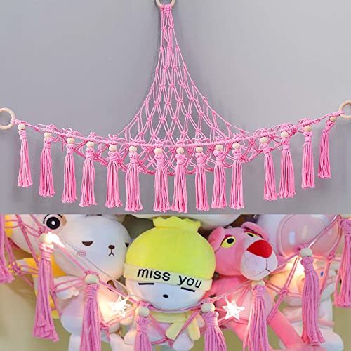 Stuffed Animal Net or Hammock with LED Light,(Large Size) Boho Handmade Cute Stuffed Animals Storage with Hooks for Hanging,Toy Storage Organizer for Kids Bedroom (Pink)