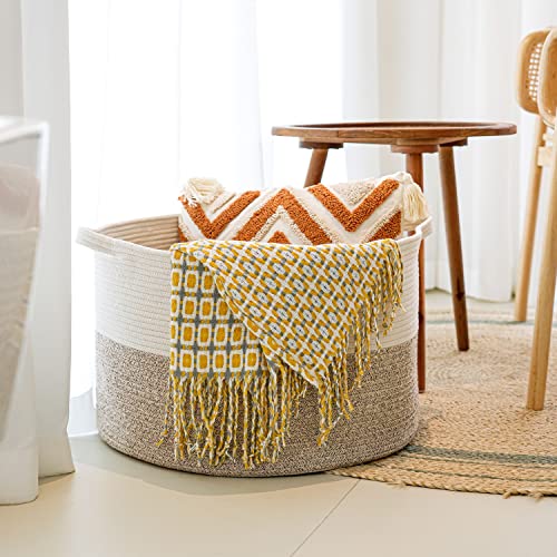 Santasup Large Cotton Rope Basket, Woven Laundry Blanket Basket with Handle, Decorative Storage Collapsible Laundry Hamper for Nursery Baby Toy Clothes Basket 21.7 Inch Brown White