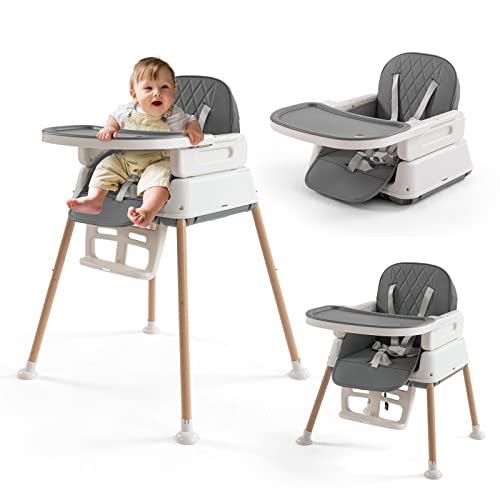 3 in 1 Baby High Chair, Portable High Chairs for Babies and Toddlers, Adjustable Convertible Infant Baby Feeding Chair Booster for Eating with Detachable Double Tray, 5 Point Harness, Footrest Gray