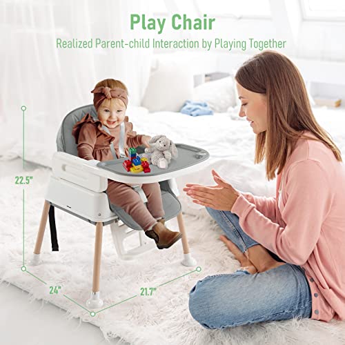 3 in 1 Baby High Chair, Portable High Chairs for Babies and Toddlers, Adjustable Convertible Infant Baby Feeding Chair Booster for Eating with Detachable Double Tray, 5 Point Harness, Footrest Gray