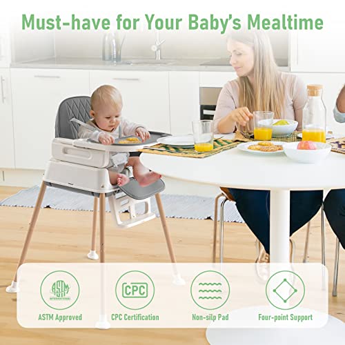 3 in 1 Baby High Chair, Portable High Chairs for Babies and Toddlers, Adjustable Convertible Infant Baby Feeding Chair Booster for Eating with Detachable Double Tray, 5 Point Harness, Footrest Gray