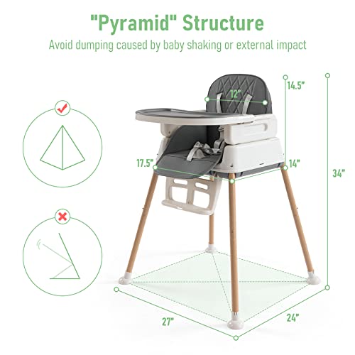 3 in 1 Baby High Chair, Portable High Chairs for Babies and Toddlers, Adjustable Convertible Infant Baby Feeding Chair Booster for Eating with Detachable Double Tray, 5 Point Harness, Footrest Gray