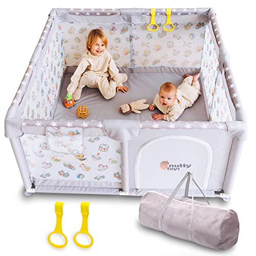 Nutty Toys Baby & Toddler Playpen - Safe & Sturdy Design | Extra Cushioning, Pull Rings, Large Pocket & Carry Bag | Fast Assembly 50x50 Big Play Pens for Babies and Toddlers, Large Area Kids Play Yard