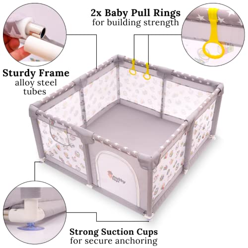 Nutty Toys Baby & Toddler Playpen - Safe & Sturdy Design | Extra Cushioning, Pull Rings, Large Pocket & Carry Bag | Fast Assembly 50x50 Big Play Pens for Babies and Toddlers, Large Area Kids Play Yard