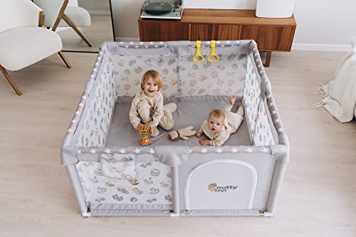 Nutty Toys Baby & Toddler Playpen - Safe & Sturdy Design | Extra Cushioning, Pull Rings, Large Pocket & Carry Bag | Fast Assembly 50x50 Big Play Pens for Babies and Toddlers, Large Area Kids Play Yard