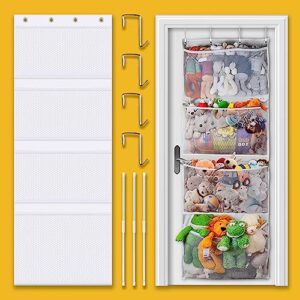 dbees stuffed animal storage, large capacity over door stuffed animal organizer, 4 expandable mesh net pockets breathable hanging plush toy storage, for boys, girls, organizing nursery, bedroom