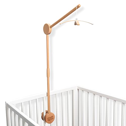 Clouds and Cactus Crib Mobile Arm 33 Inches for Baby Nursery - 100% Natural Beech Wood with Extra Matching Wooden Holder Attachment and Anti Slip Clamping System (Straight)