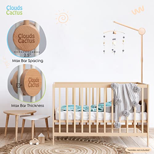 Clouds and Cactus Crib Mobile Arm 33 Inches for Baby Nursery - 100% Natural Beech Wood with Extra Matching Wooden Holder Attachment and Anti Slip Clamping System (Straight)