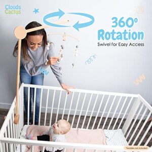 Clouds and Cactus Crib Mobile Arm 33 Inches for Baby Nursery - 100% Natural Beech Wood with Extra Matching Wooden Holder Attachment and Anti Slip Clamping System (Straight)